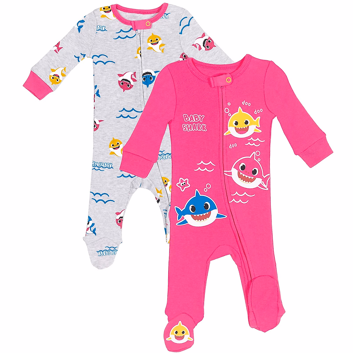 Pinkfong Baby Shark Infant Baby Girls 2 Pack Zip Up Sleep N' Play Coveralls Pink/Gray 24 Months