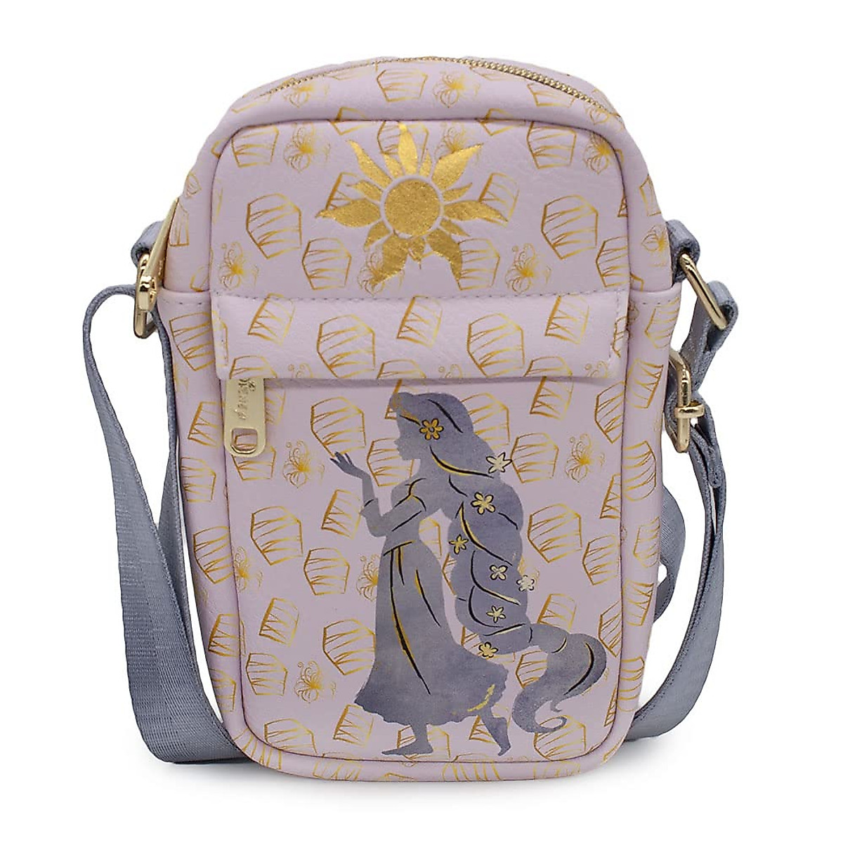 Buckle Down Disney Bag, Cross Body, Tangled Rapunzel Pose Silhouette and Sun, Pink Yellows, Vegan Leather