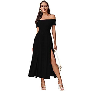 Floerns Women's Boho Floral Print Off Shoulder Split Long A Line Dress A Solid Black XXL