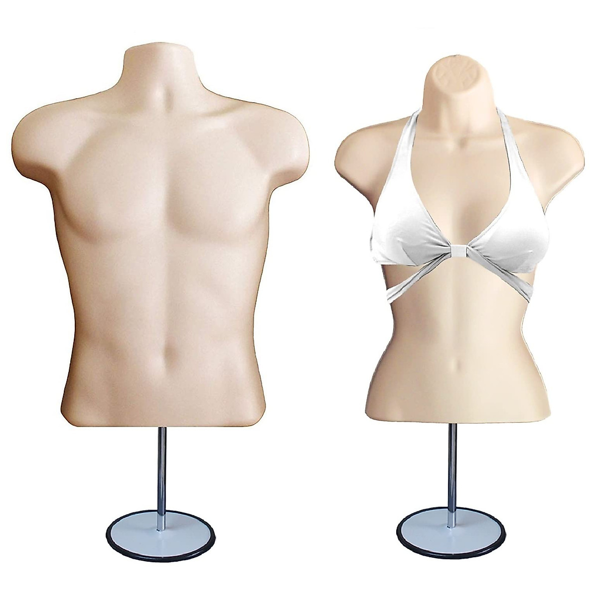 DisplayTown Flesh Male and Female Mannequin Torso with Metal Stand Hollow Back Body Stackable Dress Form for Tshirt Display, Countertop, Craft Shows, Photos and Design, S-M Clothing Size