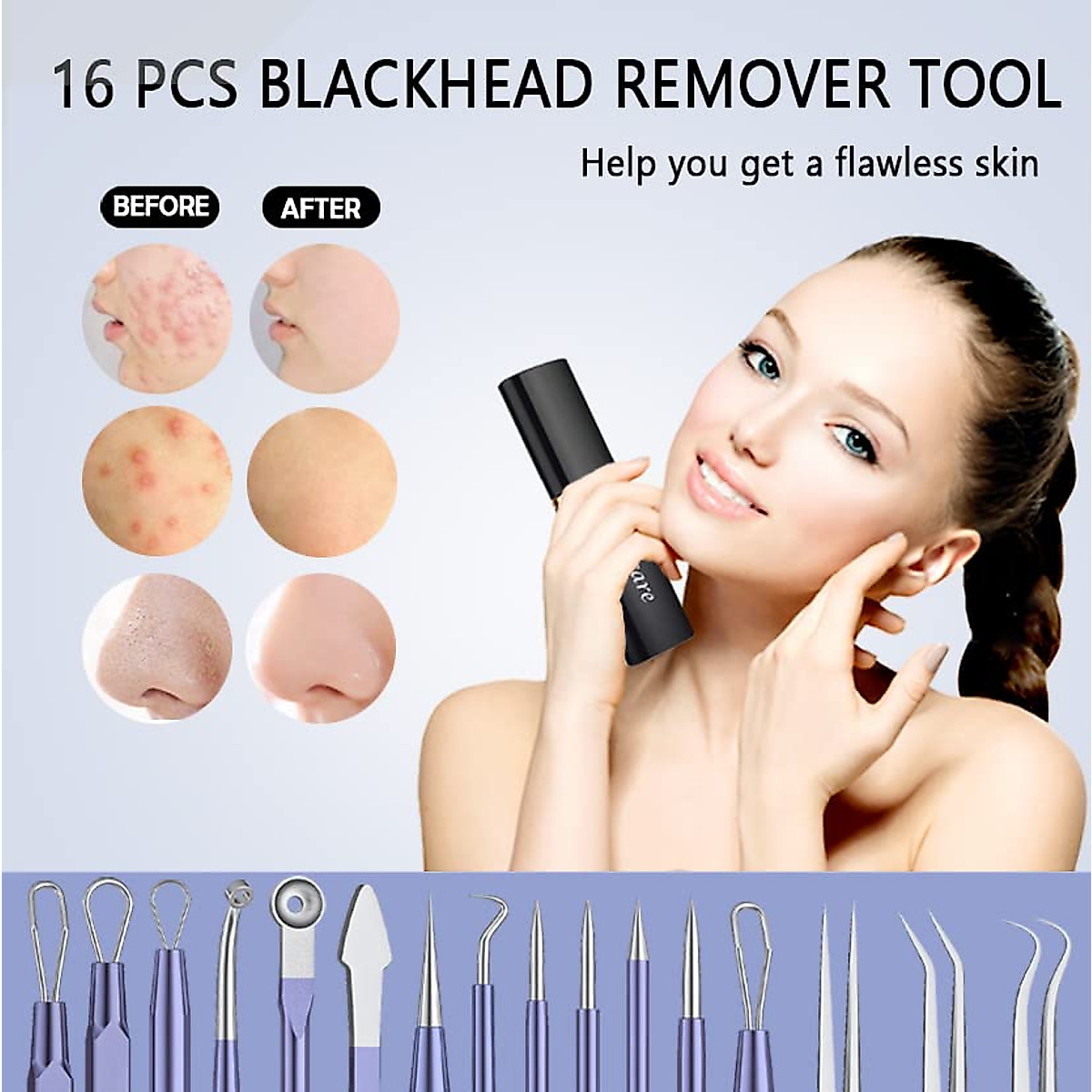 Xesscare Latest Pimple Popper Tool Kit, 16 Pcs Blackhead Remover Tool, Comedone Extractor Acne Removal Kit, Professional Whitehead Tweezers with Metal Case for Facial, Nose and Forehead (Purple)