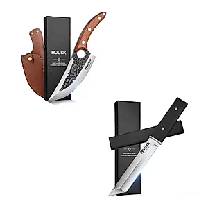 Huusk Upgraded Chef Knives Bundle with Kitchen Utility Knife Outdoor Camping Cooking Knife with Leather Sheath and Gift Box