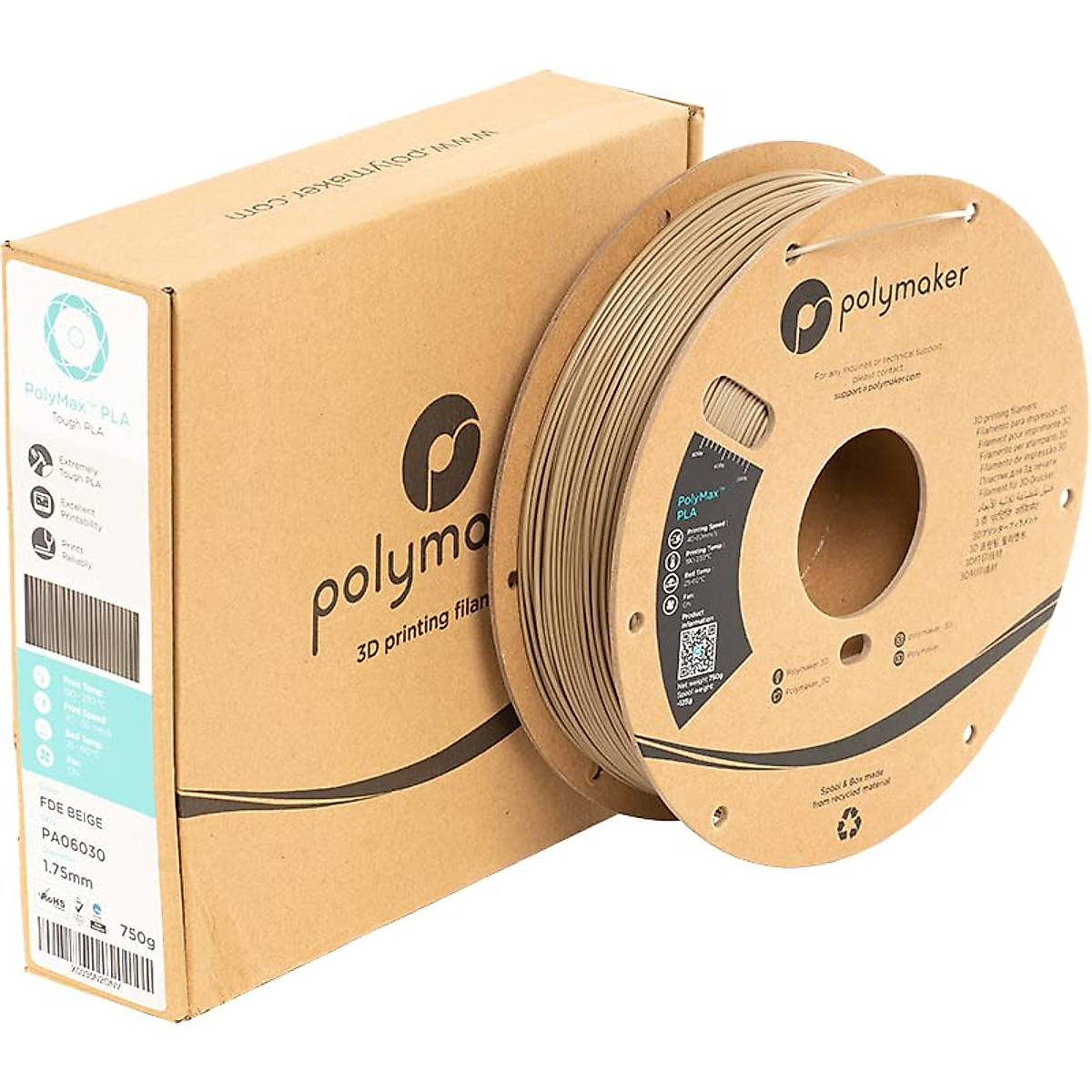 Polymaker Tough PLA 3D Printer Filament 1.75mm, 750g FDE Beige PLA Filament - PolyMax 1.75 PLA Filament FDE Beige, Tougher Than PLA+ 3D Filament, High Impact Strength for Functional Application