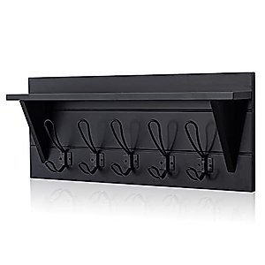 Zoopolyn Wall Shelf with Hooks Underneath 24’’ Long Wall Mounted Coat Rack with Shelf Coat Rack Wall Mount with Shelf Key Hooks for Wall Entryway Shelves for Wall 5 Triple Hooks Black