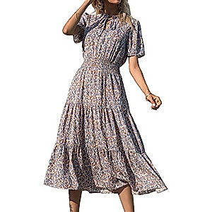 BTFBM Women's 2023 Summer Casual Boho Dress Floral Print Tie V Neck Short Sleeve Elastic Waist A-Line Midi Beach Dresses(Floral Blue, Large)