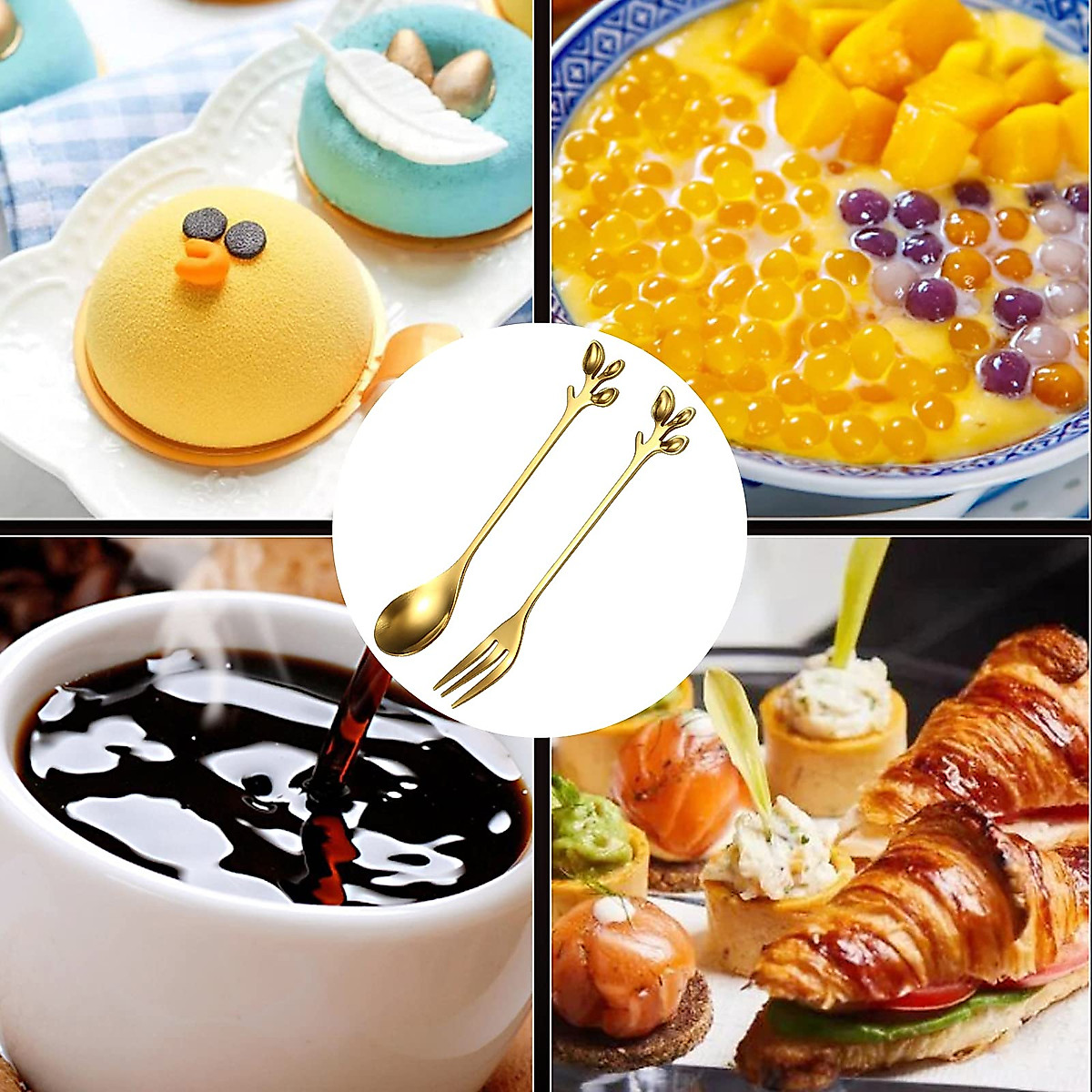 12 Pieces Stainless Steel Gold Leaf Coffee Spoon, findTop Spoons Fruit Forks Stainless Steel Mini Creative Tableware for Sugar Cake Ice Cream Tea Stirring Mixing Tea Spoon and Fork Set (Gold)