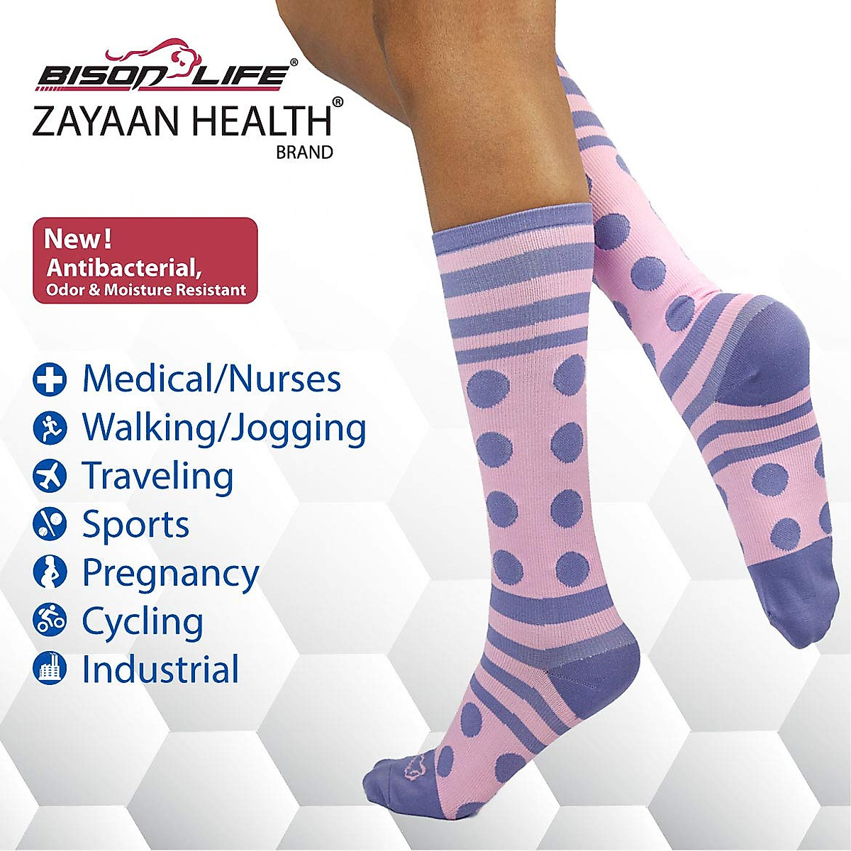 ZAYAAN HEALTH Dots & Stripes Compression Socks for Women (12-15 mm/Hg) | Circulation Socks for Muscle Recovery, Nurses, Running, Athletics, Cycling – Pink/Lilac