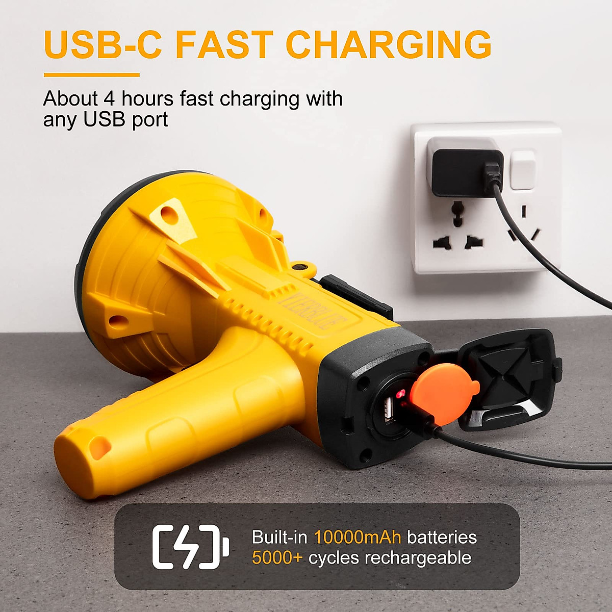 YIERBLUE Rechargeable Spotlight Flashlight 900000 High Lumen, IP66 Waterproof Spot Lights Outdoor Handheld, 20 Hours Long Lasting LED Large Flashlight with Foldable Stand and Detachable Red Filter