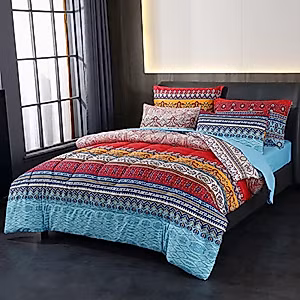 Bohemian Bed in a Bag 7 Pieces Full Size, Colorful Boho Style Red and Blue Printed, Reversible Comforter Set (1 Comforter, 1 Flat Sheet, 1 Fitted Sheet, 2 Pillow Shams, 2 Pillowcases) (Full, A)