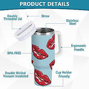 ALAZA Red Lips Lipstick 40 oz Tumbler Stainless Steel Water Bottle Vacuum Insulated Cup with Straw Lid & Handle For Travel Car Cup Holder