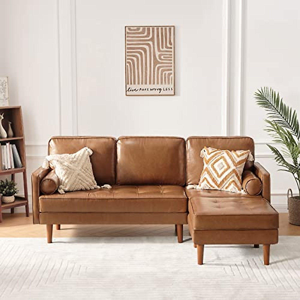 Vonanda Sofa Couch, Sectional Couch Convertible Sectional Sofa L Shaped Couch with Reversible Chaise and Bolster Pillows, Faux Leather Couch for Living Room, Apartment and Small Space, Caramel