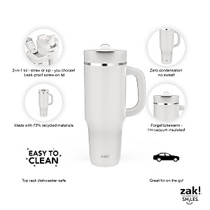 Zak Designs Harmony 2-in-1 Coffee Tumbler for Travel or At Home, 40oz Recycled Stainless Steel is Leak-Proof When Closed and Vacuum Insulated with Handle (Linen White)