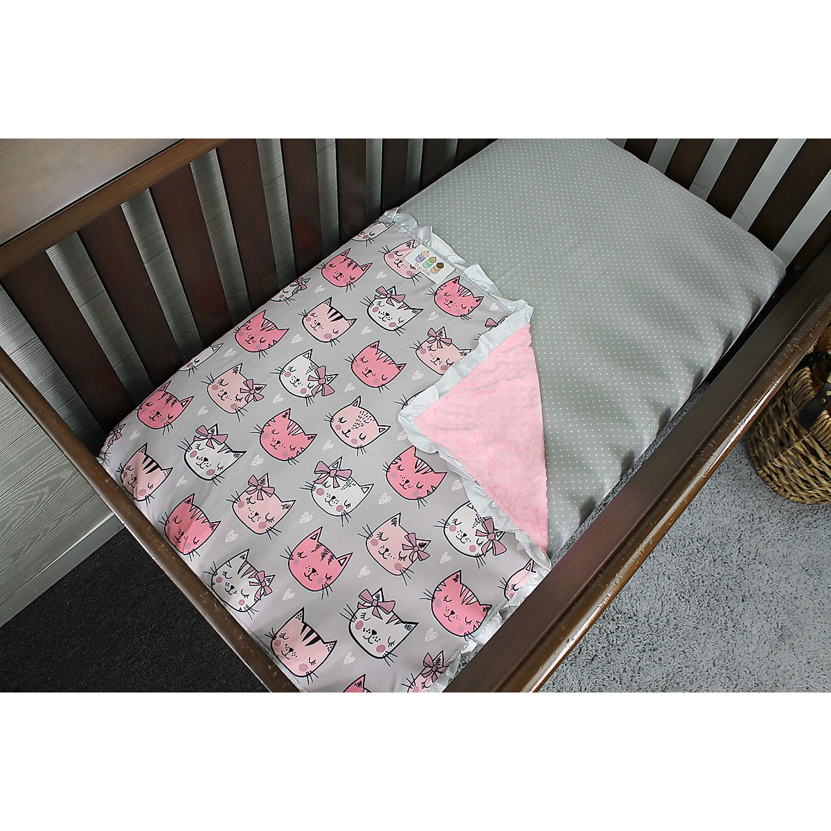 Baby Blanket - Kitty Cats on Grey with Pink Minky Dot and Satin Ruffled Edge