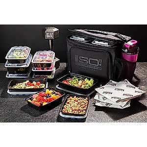 Isolator Fitness 6 Meal ISOCUBE Meal Prep Management Insulated Lunch Bag Cooler with 12 Stackable Meal Prep Containers, 3 ISOBRICKS, and Shoulder Strap - MADE IN USA (Blackout)