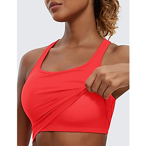 CRZ YOGA Butterluxe Womens Y-Back Racerback Longline Sports Bra - Padded Scoop Neck Workout Crop Tank Top with Built in Pads Deep Red Medium