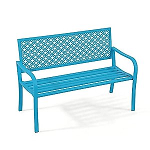 Verano Garden Outdoor Patio Bench Rust-Resistant Metal Park Bench with Armrest, Blue Garden Bench for Yard, Porch, Park, Lawn