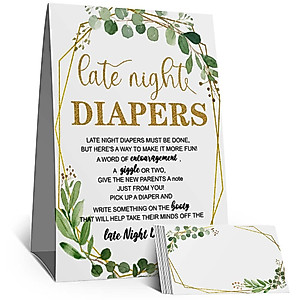 skuhyyg Eucalyptus Late Night Diapers Sign & cards, Gold Cards Diaper Thoughts, Baby Shower Diaper Game Write Funny Inspirational Message(1 Standing Sign + 20 Blank Greeting Cards)