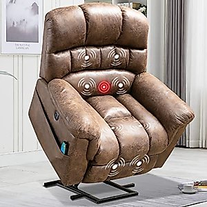 CANMOV Large Power Lift Recliner Chairs with Massage and Heat for Elderly Big People, Heavy Duty Electric Faux Leather Reclining Chairs with USB Port and 2 Side Pockets, Brown