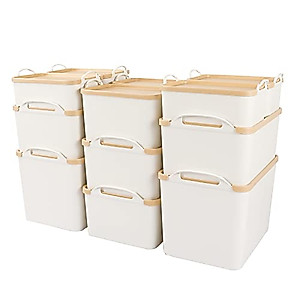 ANMINY 12PCS All-in-One Lidded Plastic Storage Bins Set White Desk Basket Box Drawer Organizer Kitchen Food Container with Handles Removable Lids Decorative Clothes Laundry Closet Cabinet Shelf Cube