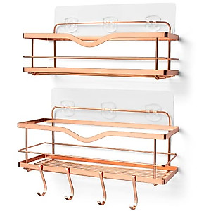 BABYLION1 Rose Gold Bathroom Organizer Shelf – 2 Pack Shower Caddy Baskets with 4 movable Hooks – Rustproof Stainless Steel Strong Adhesive Cute Storage Decor Rack for Inside Shower, Kitchen