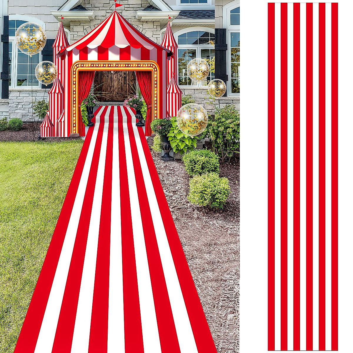 Boao 2 Pcs Carnival Circus Party Supplies Red and White Striped Aisle Runners Carnival Theme Party Floor Decor 24 in x 10 ft for Birthday Carnival Party Decorations