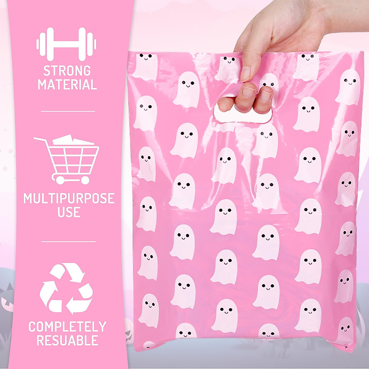 JarThenaAMCS 100Pcs Halloween Party Favor Bags Pink Ghost Halloween Treat Bags Plastic Candy Goodies Bags with Handles Party Favor Bags for Trick or Treat Party Birthday Baby Shower Wrapping Supplies