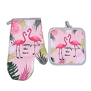 Sohapy Oven Mitt & Potholders Set Kitchen Heat Resistant and Machine Washable for Cooking Baking Grilling and BBQ Decorative (Pink)