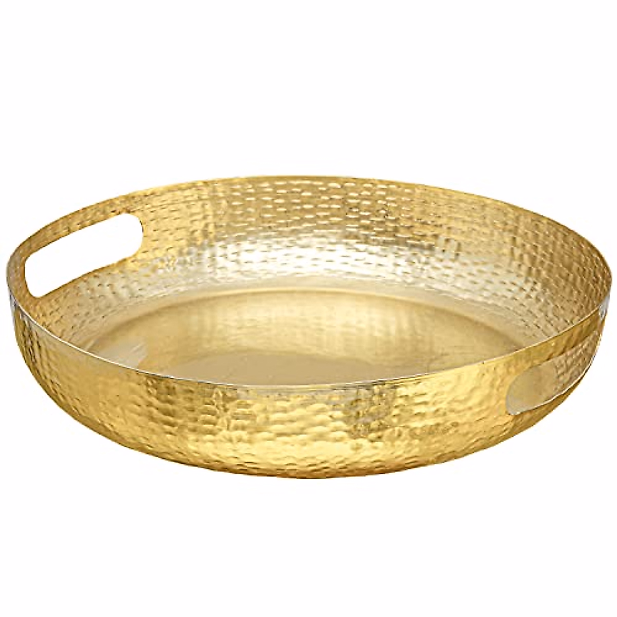 MyGift 12 Inch Round Brass Metal Handcrafted Unique Serving Tray with Hammered Pattern Design and Cut Out Handles, Decorative Coffee Table Tray - Handmade in India