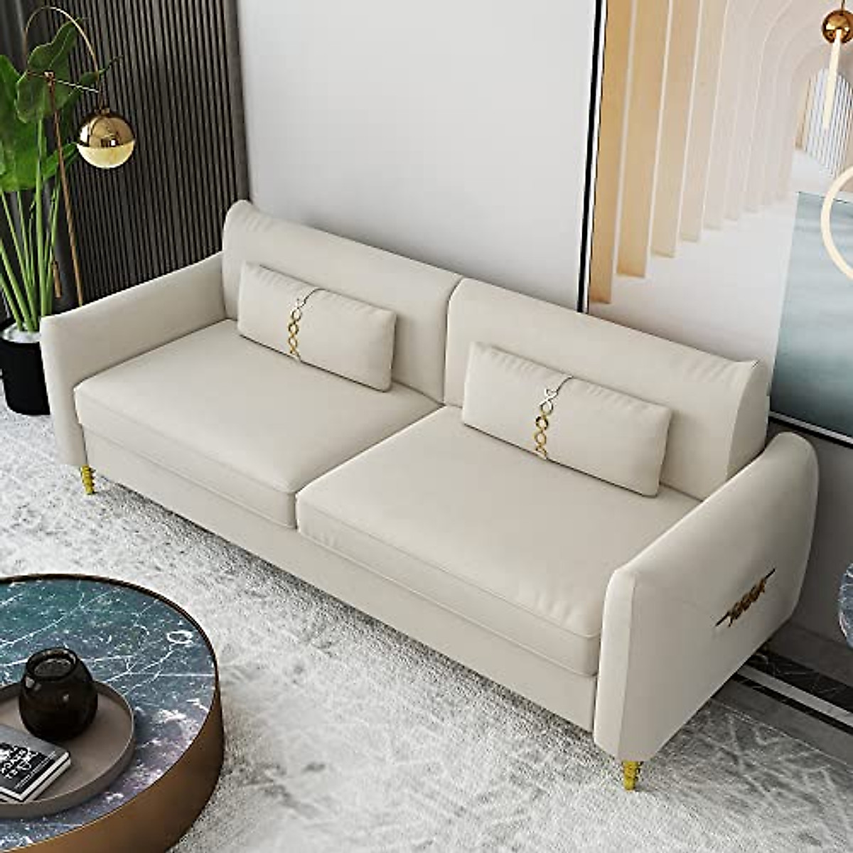 yunqishi 85.43" Modern Velvet Green Couch for Living Room, Luxury Upholstered Comfy Loveseat Sofa (Velvet Beige)