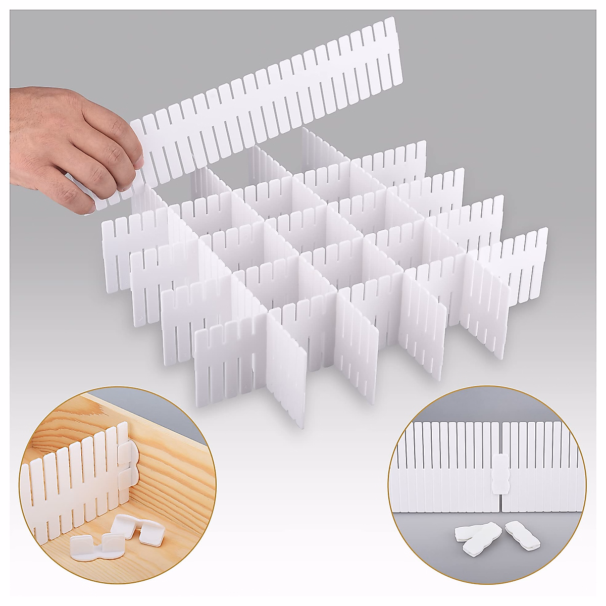 Momoi 42Pcs Drawer Dividers,Adjustable Drawer Organizer with Fixed Buckle,14.9in*4.33in,Drawer Organizer for Socks, Underwear, Makeup, Kitchen, Bedroom, Dresser,White(38 * 11cm 42PCS)