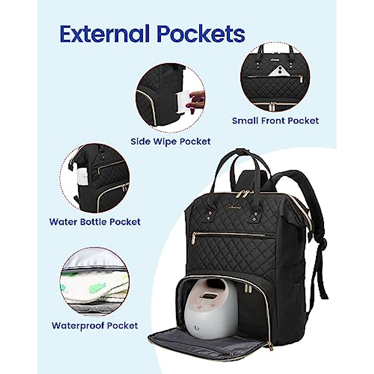 LOVEVOOK Breast Pump Backpack with Cooler Bag, Quilted Breast Pump Bags Fits Spectra S1, S2 Medela, Travel Double Layer Pumping Bag for Working Moms with 15.6" Laptop Pocket, Black
