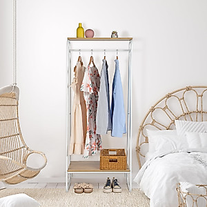 Karl home Clothes Rack Clothing Rack, Freestanding Garment Rack Coat Drying Stand with Wood Shelf Hanging Rod for Bedroom Bathroom Laundry Livingroom Office, White Metal Frame Oak Board 2-Tier