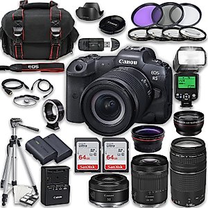 Canon EOS R5 Full Frame Mirrorless Camera with RF 24-105mm STM & 75-300mm f/4-5.6 III + RF 50mm f/1.8 STM Lenses + 128GB Memory Card + Accessories Including: TTL Flash, Extra Battery, Tripod (Renewed)