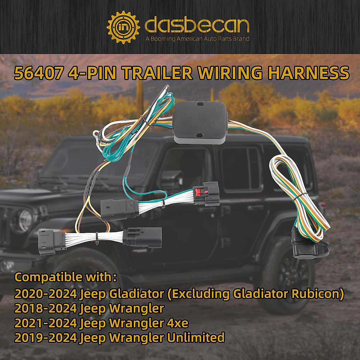 Dasbecan 56407 4-Pin Trailer Wiring Harness Compatible with Jeep Wrangler JL 2018-2024 Gladiator GT 2020-2024 4 Way Towing Hitch Wiring for Trailer Light Connect