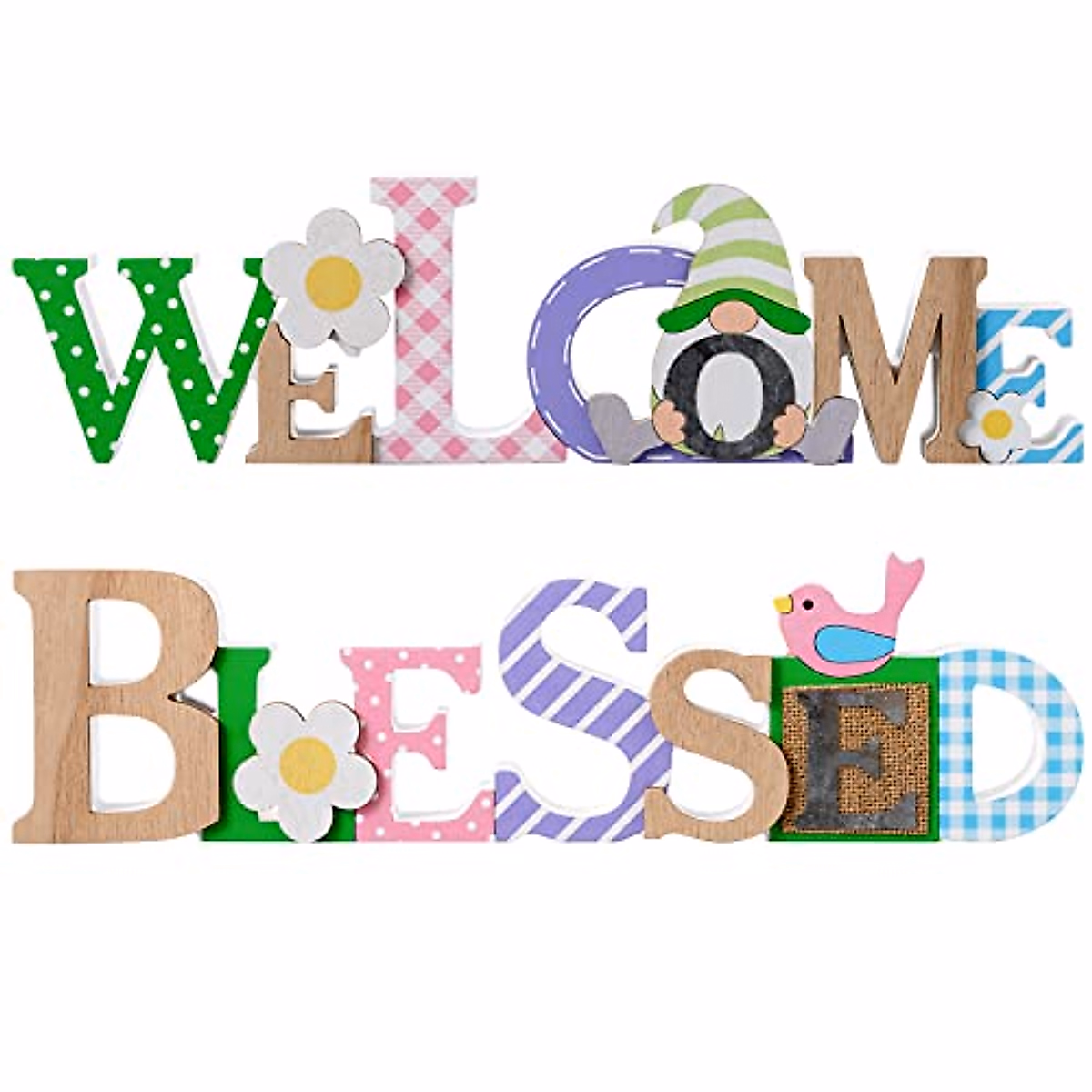 hogardeck Spring Decorations for Home, 2 Pcs WELCOME BLESSED Wood Sign Spring Decor, Rustic Gnome Flower Bird Wooden Block Set Table Centerpiece Farmhouse Ornaments for Mantle Tabletop Tiered Tray Home Decor