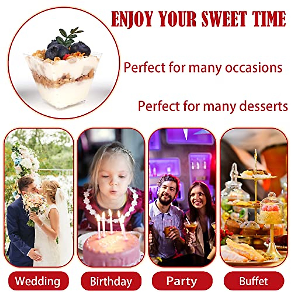 Hiasobre 100 Pack 2 oz Mini Dessert Cups with Spoons, Square Clear Plastic Appetizer Cups, Reusable Parfait Cups, Small Dessert Bowls for Serving Fruit Ice Cream Pudding Yogurt