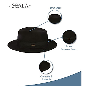 Scala Classico Men's Crushable Water Repelant Wool Felt Fedora Hat, Black, X-Large