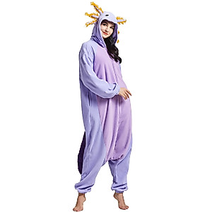 DarkCom Animal Onesie Adult Pajamas, One Piece Cosplay Black Axolotl Onesie Halloween Christmas Costume Sleepwear for Women Men Small