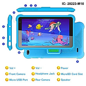 qunyiCO 7 inch Kids Tablet 32GB Android 11 WiFi Camera Bluetooth 2GB RAM HD Touch Screen 1024x600 Kid-Proof Case Parental Control Learning App on Google Certified Playstore Blue