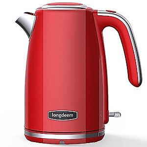 Electric Tea Kettles 1500W for Boiling Water, Longdeem Retro 1.7L Stainless Steel Hot Water Boiler with Automatic Shut Off & Boil-Dry Protection, BPA Free, Red