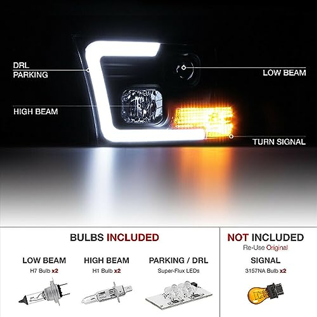 HH Building 2pcs Headlight U-Bar Front Left Right Driver Passenger Side Clear Lens Black Housing LED Tube -Shape Drl Projector Lamp 444-DR09V2-LBDRL-BK CH2503217 55277409AD