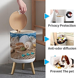 Small Trash Can with Lid for Bathroom Kitchen Office Diaper decoration Seashells shell a sea urchin a beach sand are decorated Bedroom Garbage Trash Bin Dog Proof Waste Basket Cute Decorative