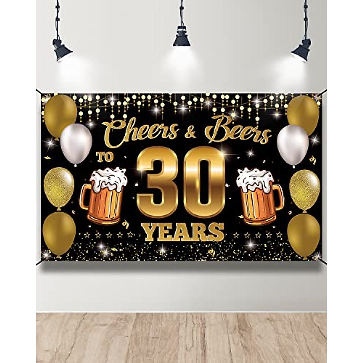 HTDZZI Cheers & Beers to 30 Years Backdrop Banner, Happy 30th Birthday Decorations for Men Women, 30th Anniversary Decor, Black Gold 30 Year Old Birthday Party Sign Poster Supplies, 6.1ft x 3.6ft