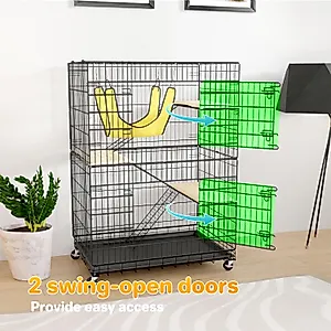Collapsible Cat Cage, 4-Tier 48 Inches Metal Large Cat Kennel Ferret Enclosure Chinchilla Cage with 360° Rotating Casters/Ramp/Ladders/Hammock for Indoor/Outdoor Kitten