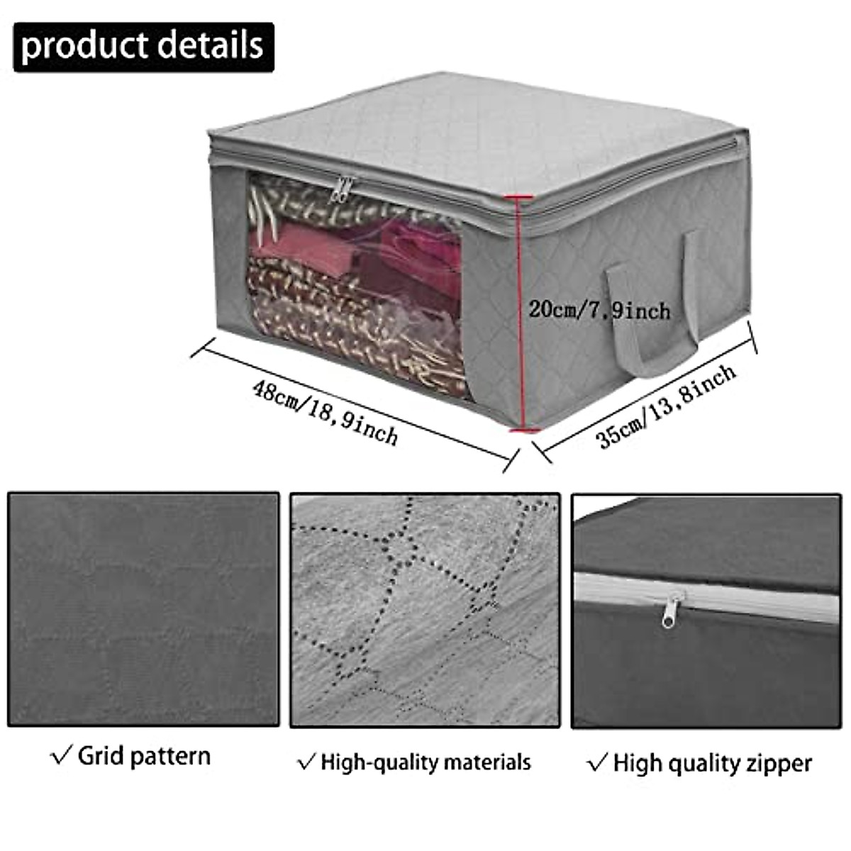 Foldable Storage Bag, Set of 2 Large Foldable Clothes Organizer 49 X 36 X 20 CM, Clear Window and Carry Handles, Great for Comforters,Blankets,Pillow,Bedding,with Sturdy Zipper,Clear Window (Grey)