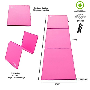 Pro-Gymnastics Gymnastics Mat 2" Thick Tri-Fold Folding Exercise Tumble Mat - with 3 Bar Leg Stretcher Flexibility Stretching Machine for Gymnastics, Yoga, Aerobics, MMA, Home Gym Exercise Workout Mat