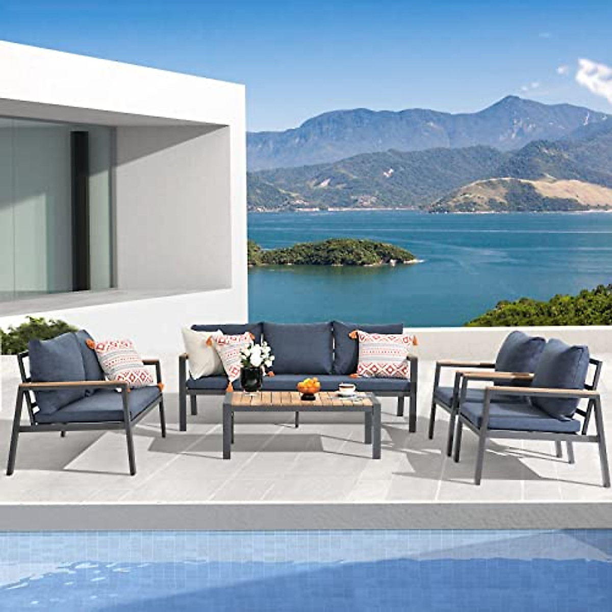 JOIVI Aluminum Patio Furniture Set, 5 Pieces Outdoor Conversation Set with Teak Wood Top Coffee Table, Sectional Sofa Set with Wood Armrest and Cushions for Outside Poolside, Lawn, Backyard, Navy Blue