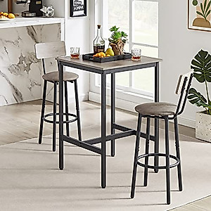CALABASH 3-Piece Bar Table and Chairs Set for Small Space, Bar Set with Square Table and PU Stools, Coffee Table Set for 2,Breakfast Table with Footrest and for Home & Kitchen Dining Room(Grey)