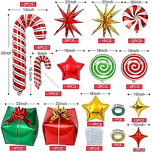 46Pcs Merry Christmas Candy Foil Balloons, Christmas/Birthday Decorations Xmas Party Supplies, Christmas Balloons Garland Arch Kit, Cane Swirl Mylar Candies Balloons, Winter New Year Holiday Party