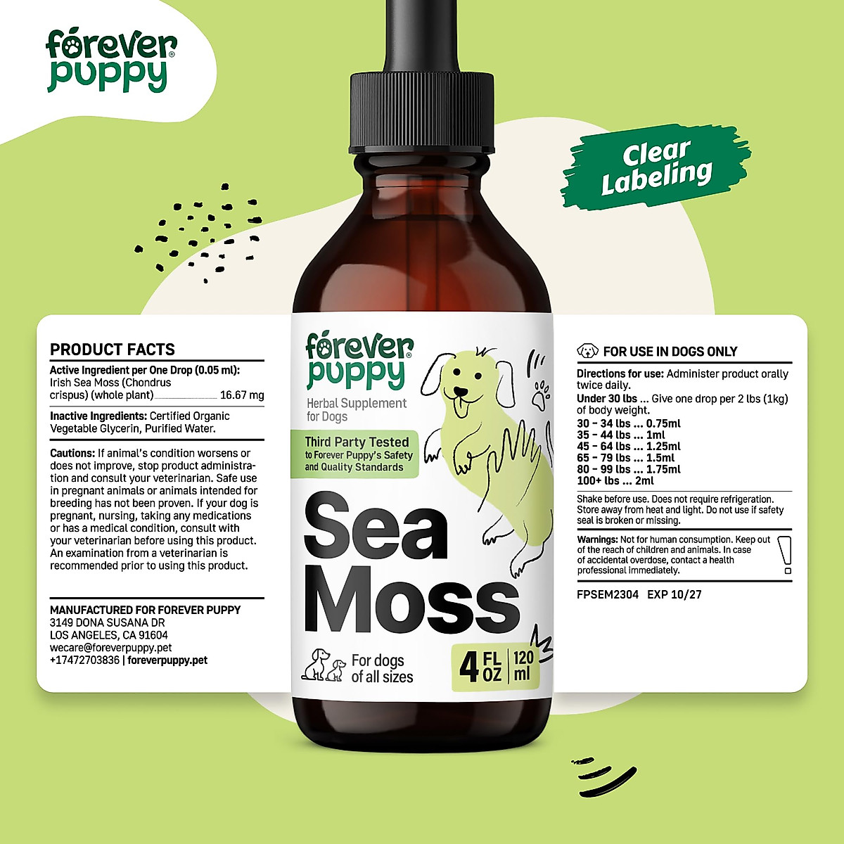 Irish Sea Moss Drops for Dogs - Thyroid & Energy Support for All Breeds & Sizes - Dog Food Supplements with Liquid Seamoss Extract - Natural Vitamins and Supplements for Thyroid Health - 4 oz